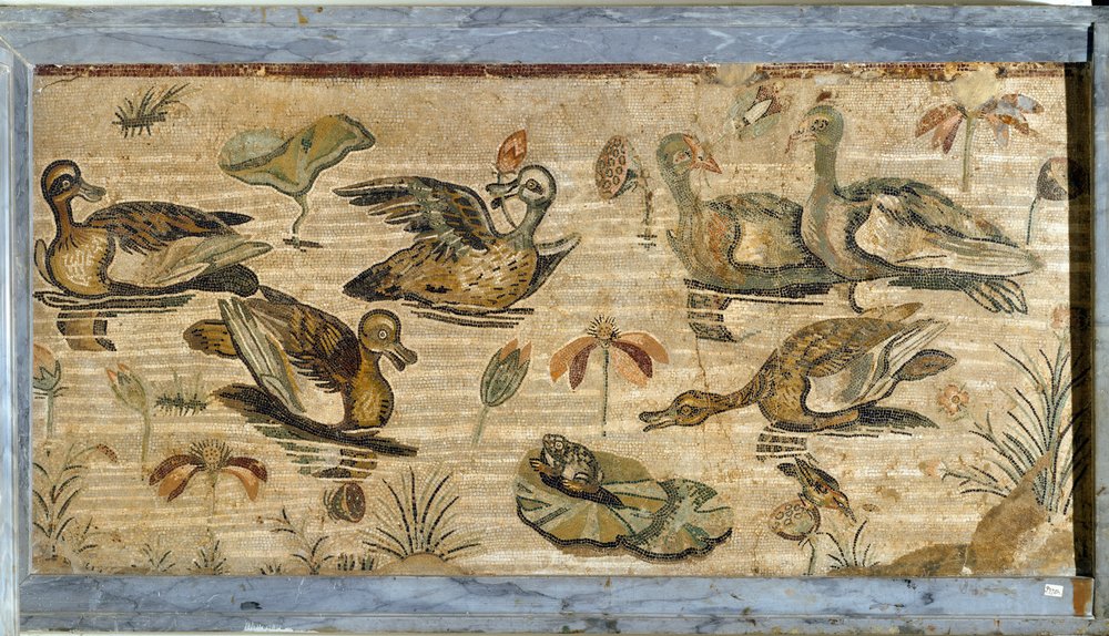 Roman art: duck, frog and water lilies in a pond. Mosaic from the villa ...
