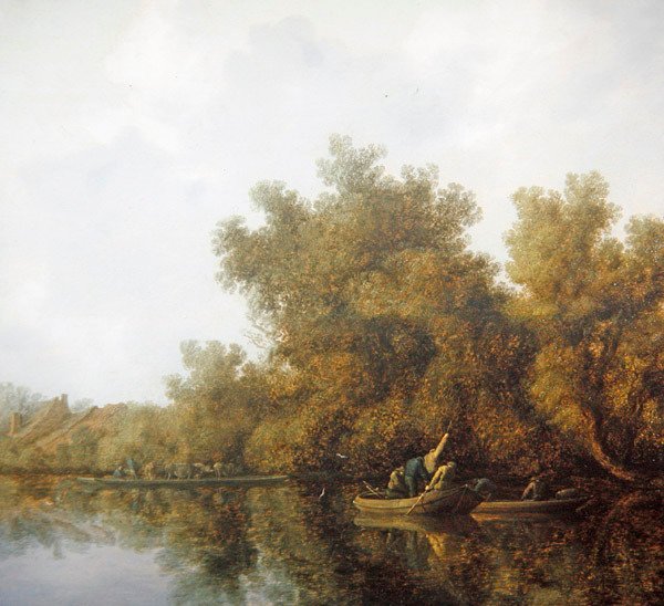 A River Landscape with Fishermen in Rowing Boats Lifting a Catch