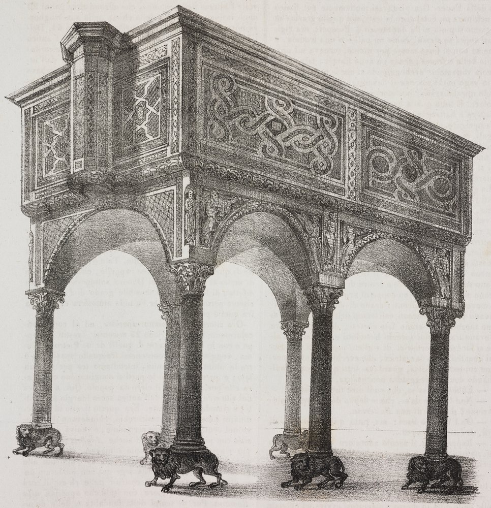 Ancient ambo in Sessa Aurunca cathedral, Campania, Italy, lithograph by ...