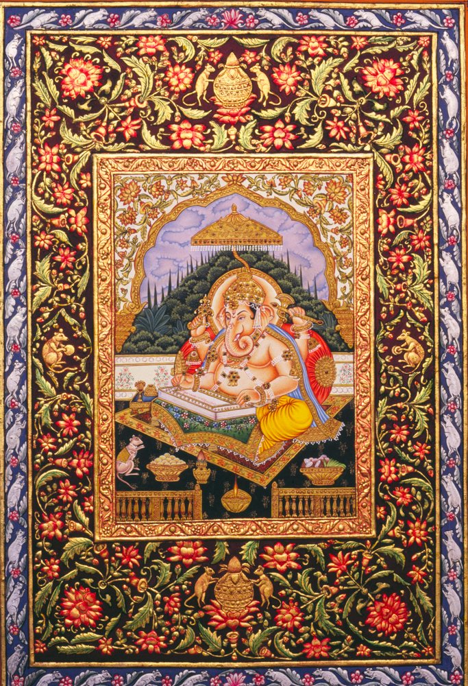 Lord Ganesha Ganpati Miniature Painting on Paper with Gold Embossing
