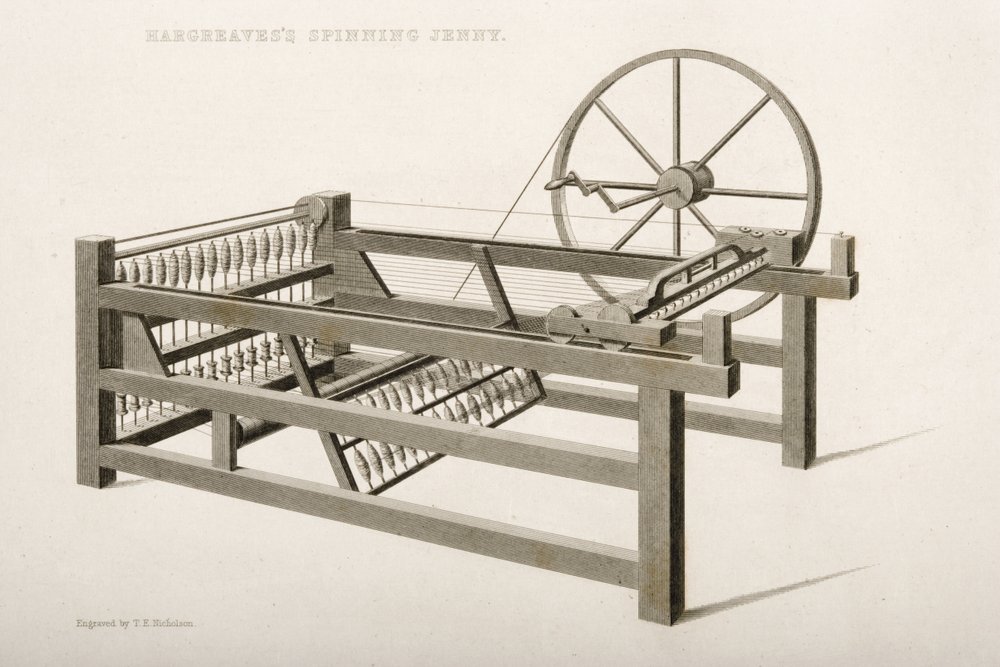 The Spinning Jenny, invented by James Hargreaves in 1764