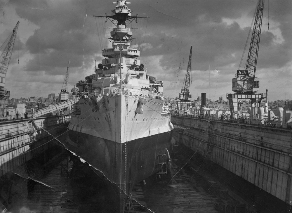 British Battleship HMS Malaya in a Floating Dock, Malta, c1937