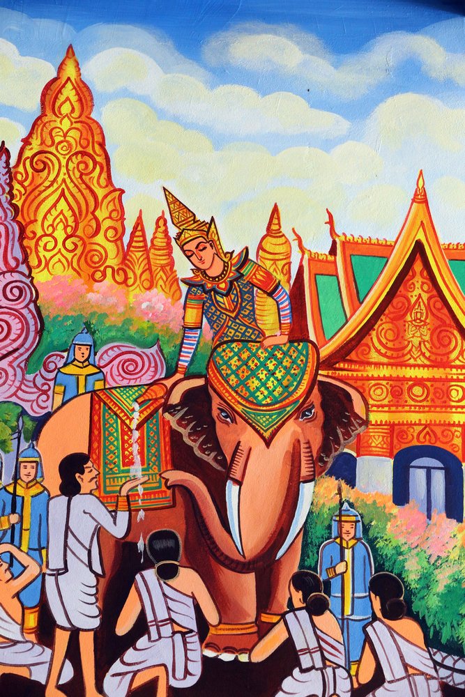 Painting depicting the life story of Shakyamuni Buddha, Wat Si Muang ...