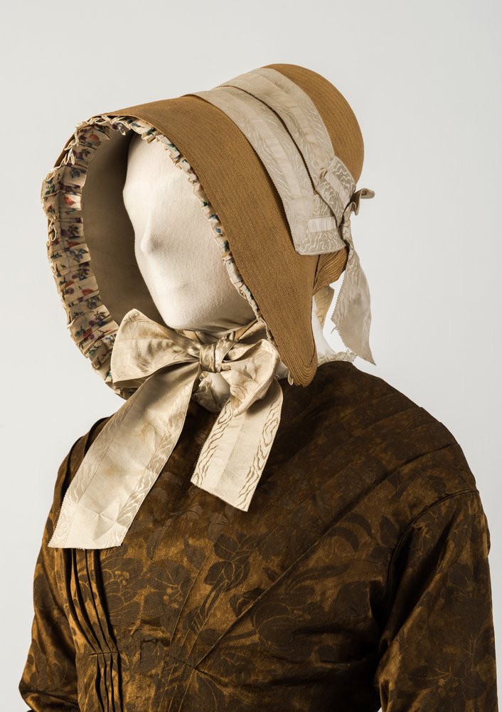 Straw bonnet, with woven silk ribbons, 1840s