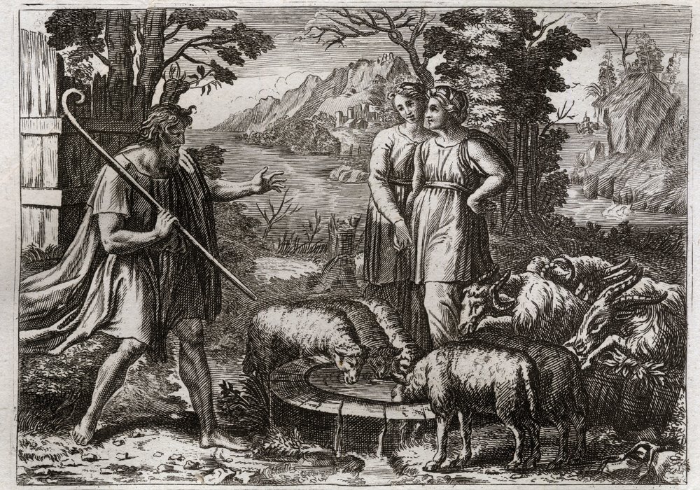 Bible of Royaumont, Old Testament: Rachel and Leah. Jacob serves Laban ...