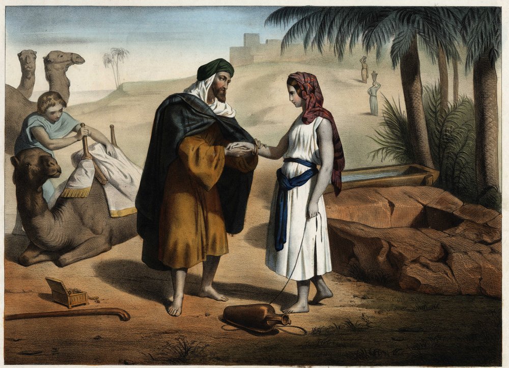 Rebecca and Eliezer at the well: Eliezer of Damascus, charged with ...