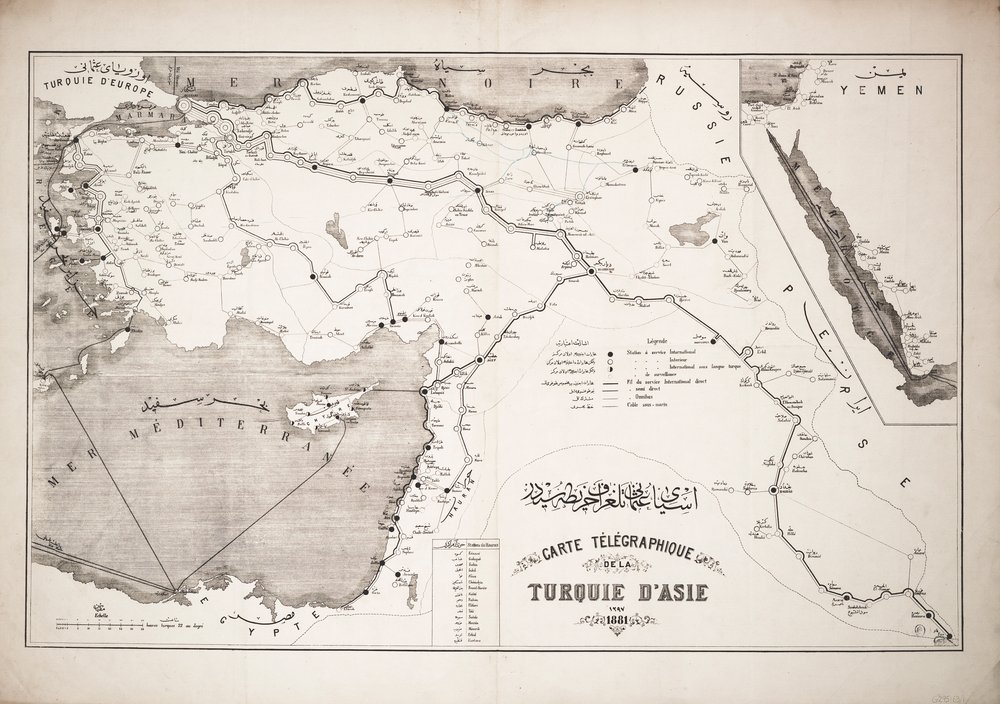 Map of Turkey showing telegraph cables and stations