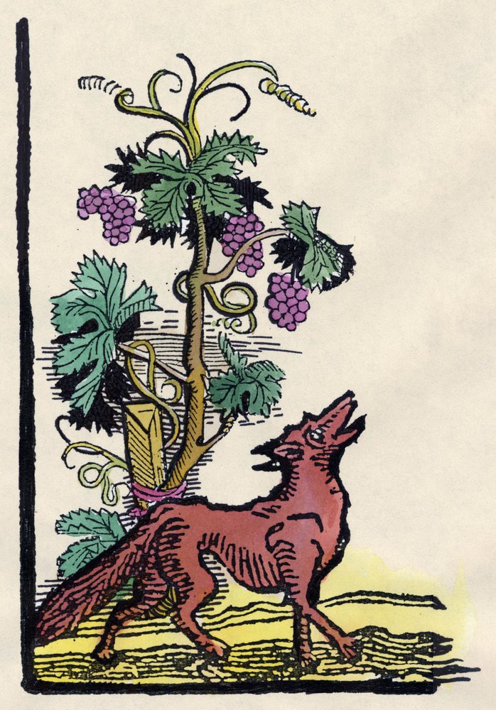 The Fox and the Grapes. Fable of Aesop (18th Century Engraving)
