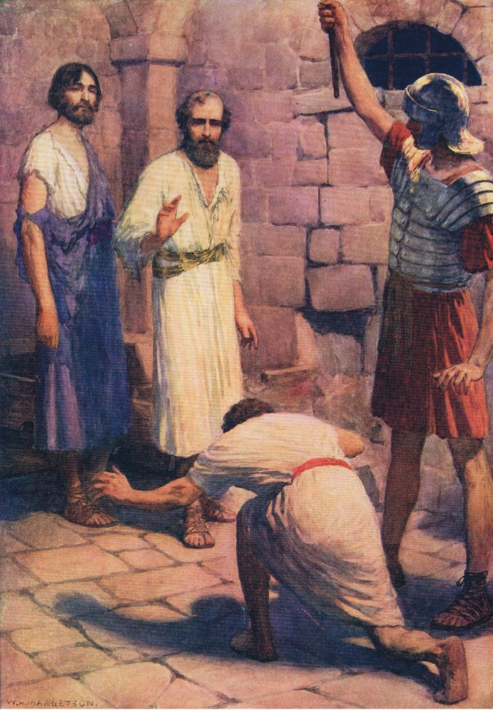 Paul and Silas in prison, from The Bible Picture Book published by Thomas Nelson, c.1950