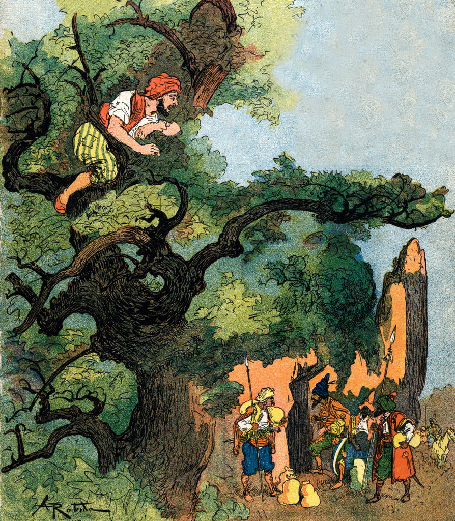 Ali baba overhears a group of forty thieves visiting their treasure ...