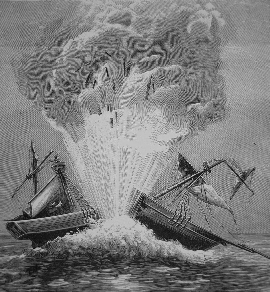 The first torpedo, invented by Robert Fulton (1765-1815) blows up the ...