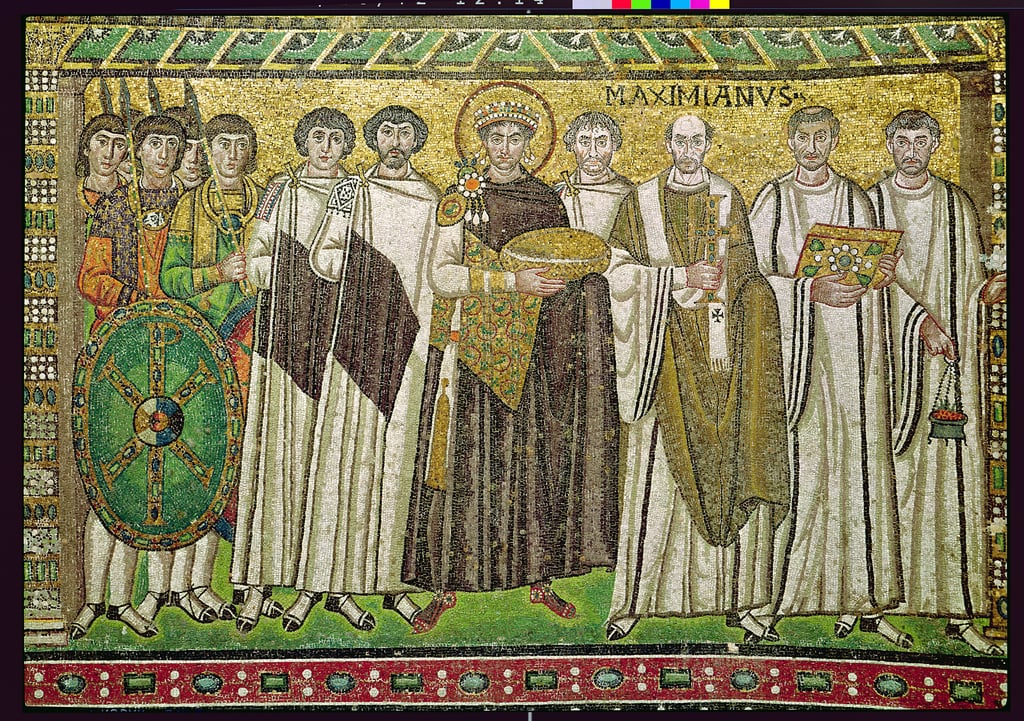 Emperor Justinian I and his retinue of officials, guards and clergy, c ...