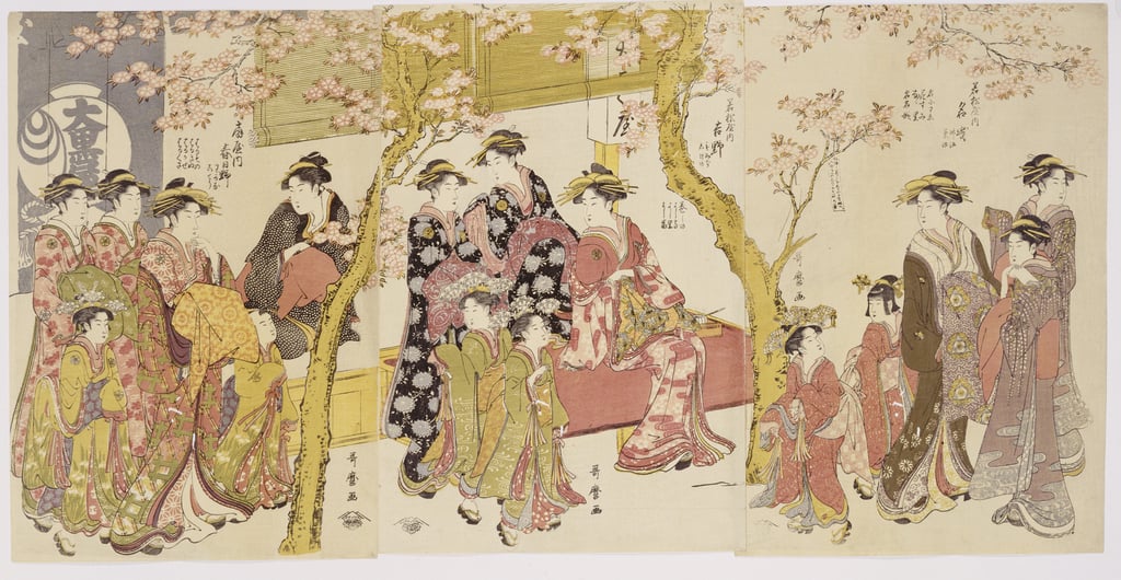 Three groups of courtesans with their Shinzo and Kamuro