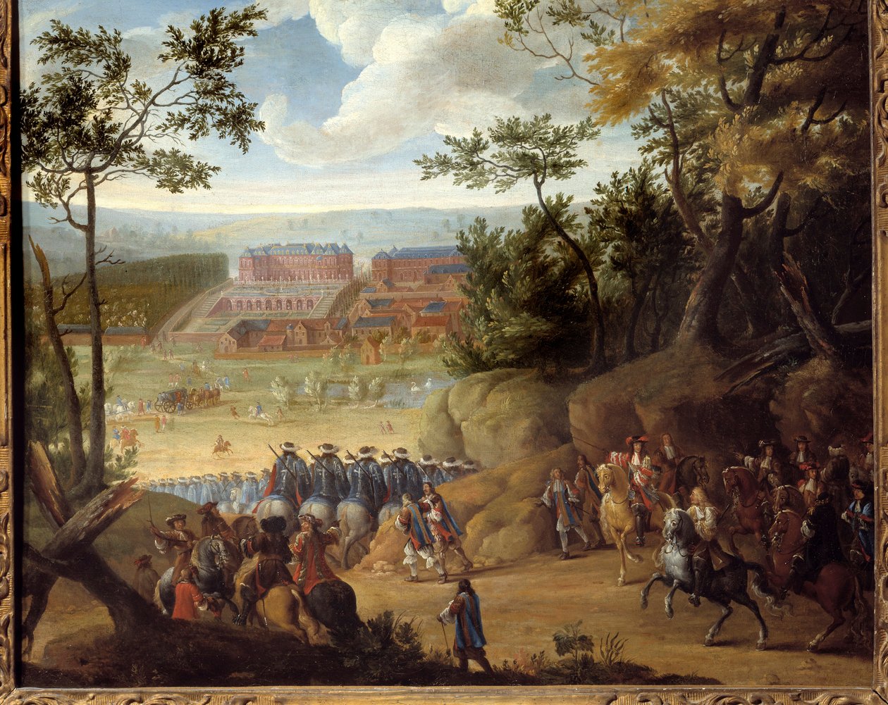 View of Versailles in 1664 with the King of France Louis XIV and a ...