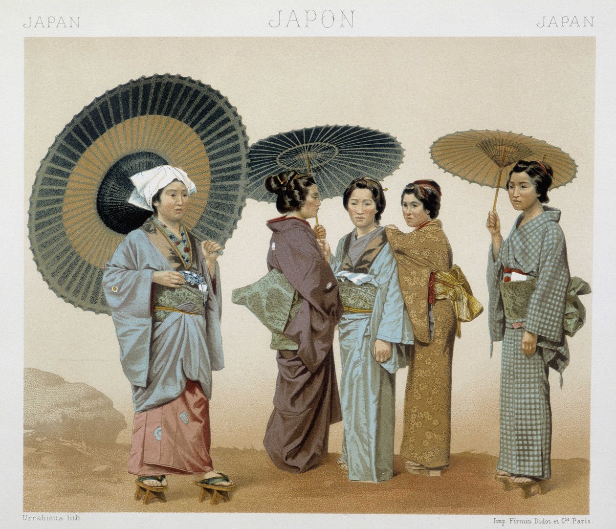 Traditional costumes of Japanese women. Illustration in 'Le costume ...