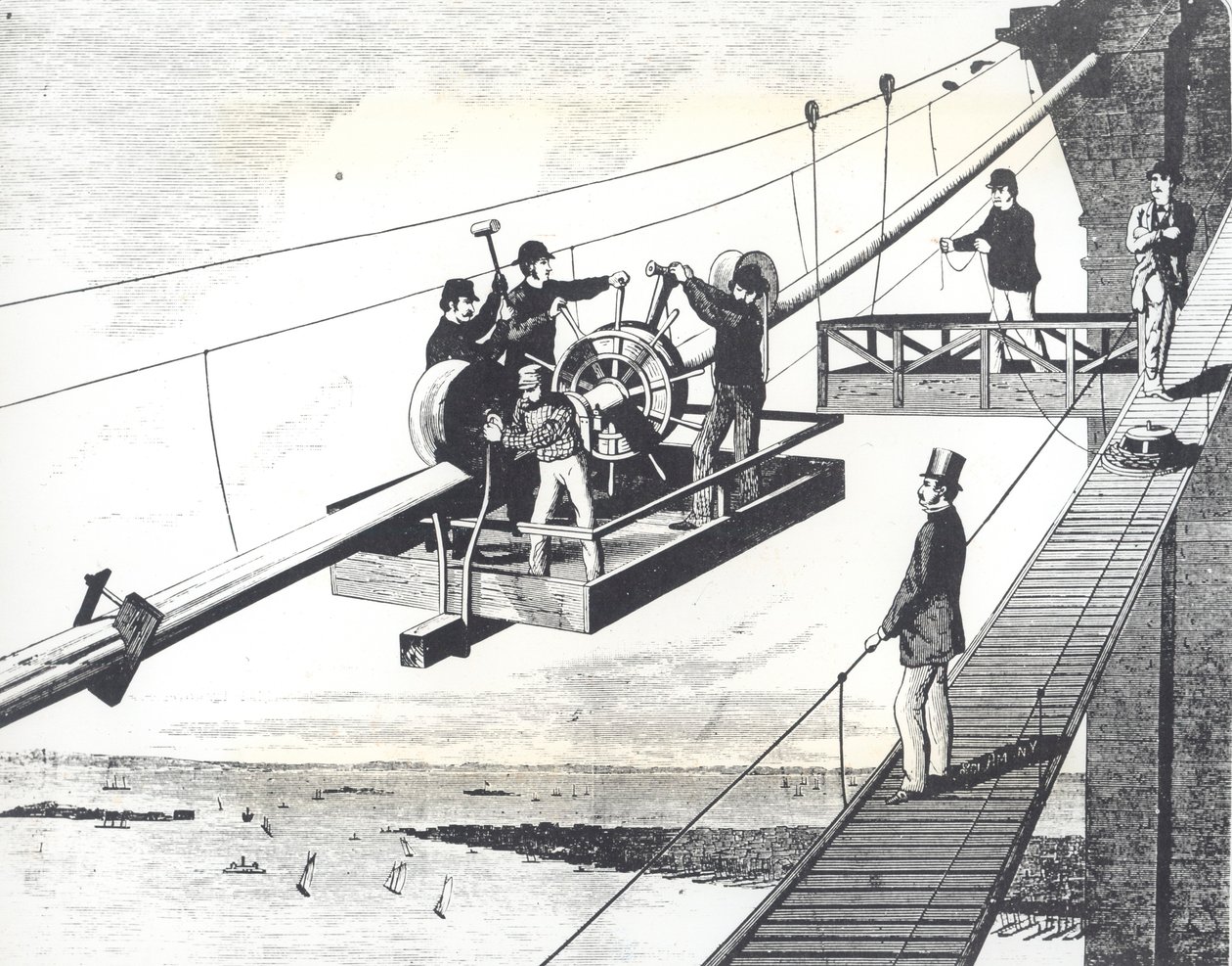 Brooklyn Bridge Under Construction in 1876, Braiding the Suspension Cables