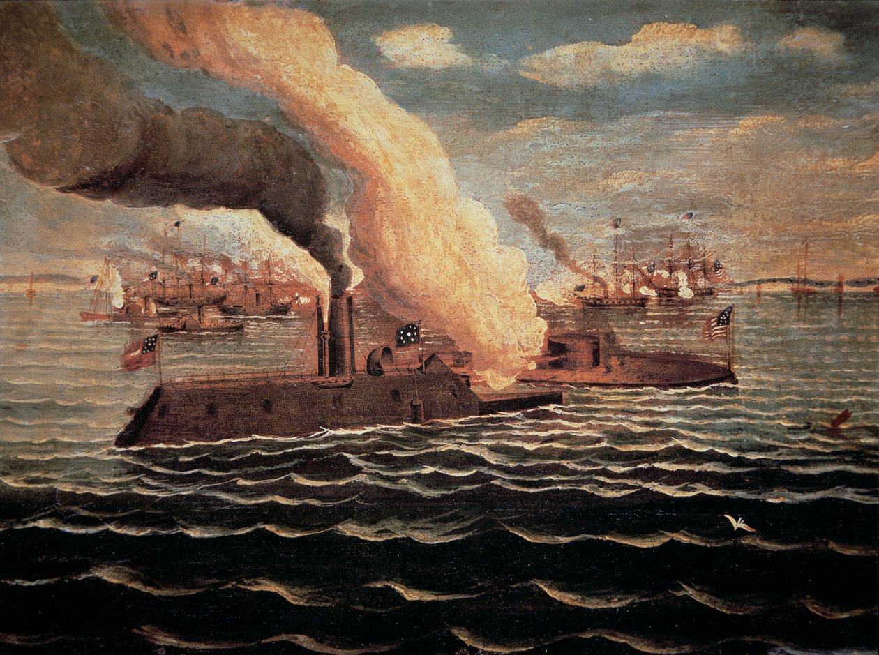 The USS 'Monitor' fighting the CSS 'Merrimack' at the Battle of Hampton ...