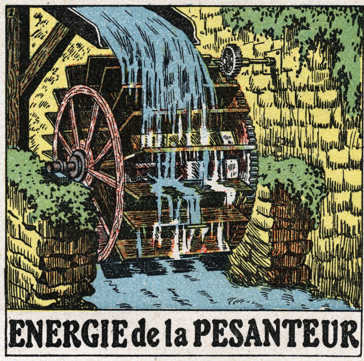Energy of gravity: wheel of a water mill. Anonymous illustration from ...