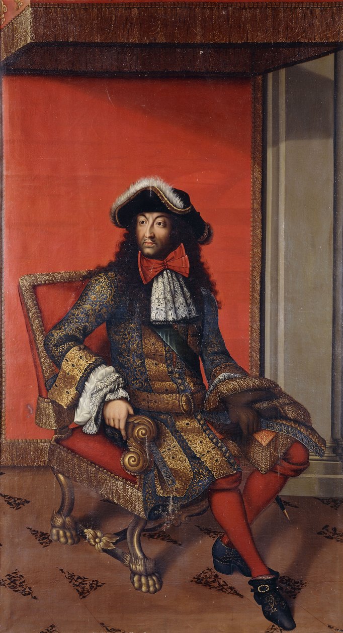 Portrait of King Louis XIV, seated full length, in an embroidered blue ...