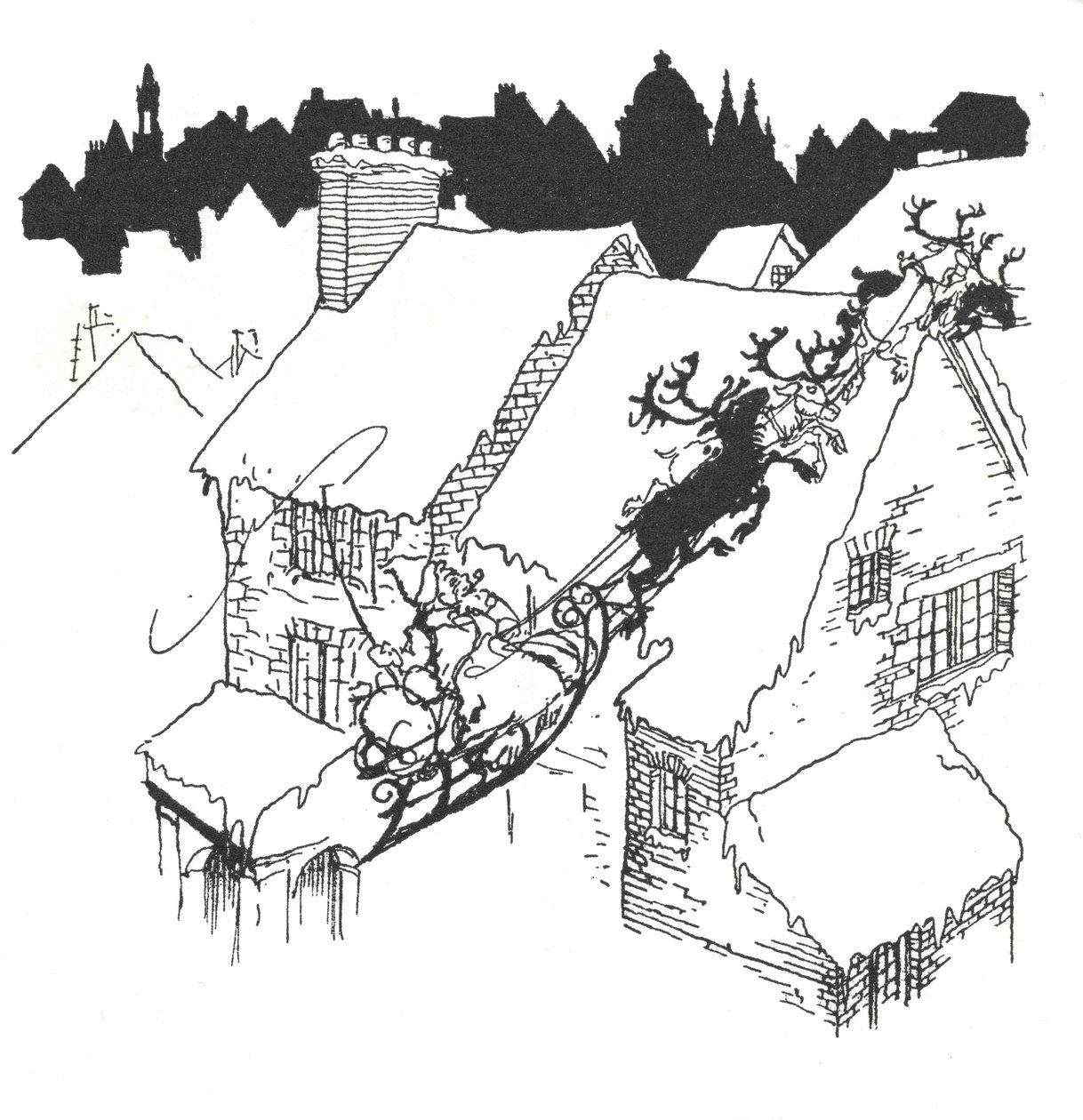 Father Christmas in his sleigh flying over snowy roof-tops