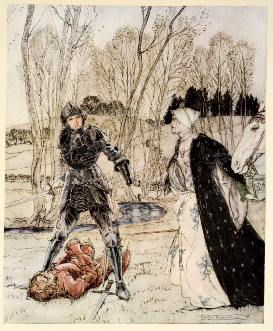 How Beaumains Defeated the Red Knight, illustration from 'The Romance ...