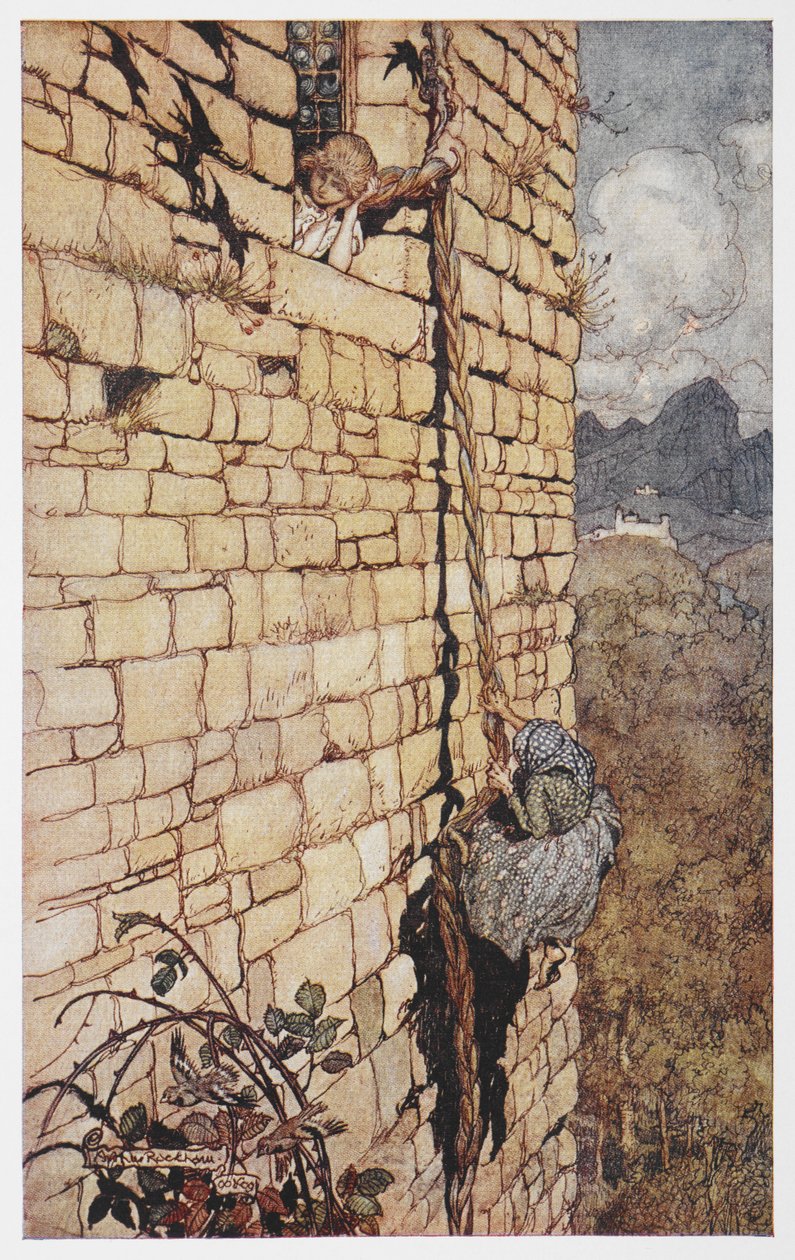 Illustration of the witch climbing up Rapunzel's hair