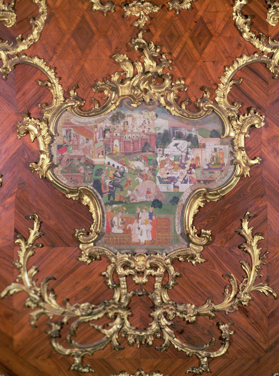 Detail of panelling inlaid with a Persian miniatures of a pleasure ...