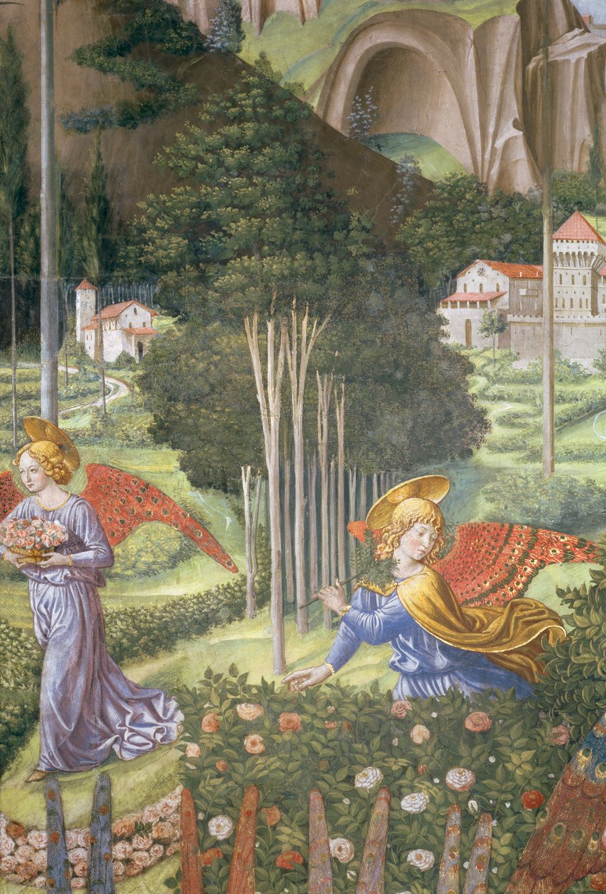 Angel gathering flowers in a heavenly landscape (detail)