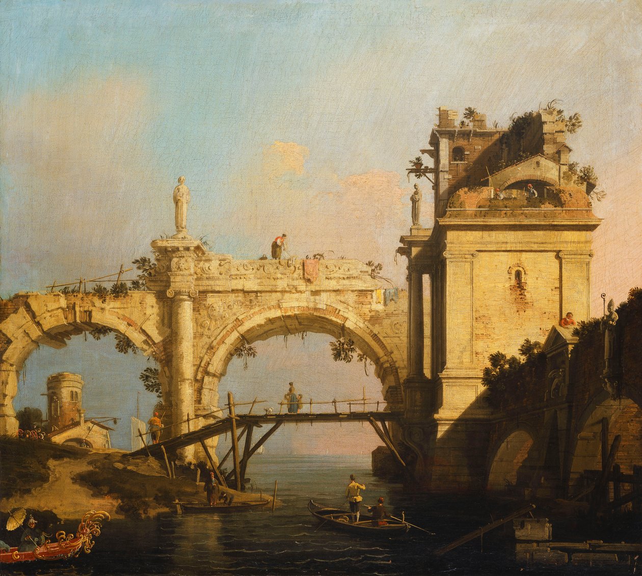 A Capriccio of a Ruined Renaissance Arcade and Pavilion by a Waterway