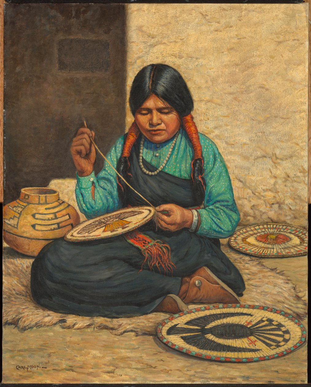 Hopi Woman Weaving Plaques by Carl Moon: Buy fine art prints