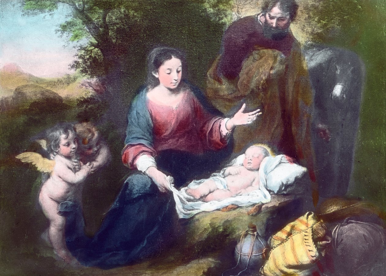 The Sleeping Christ Child with Angels, Mary and Joseph, circa 1900. Carl Simon Archive