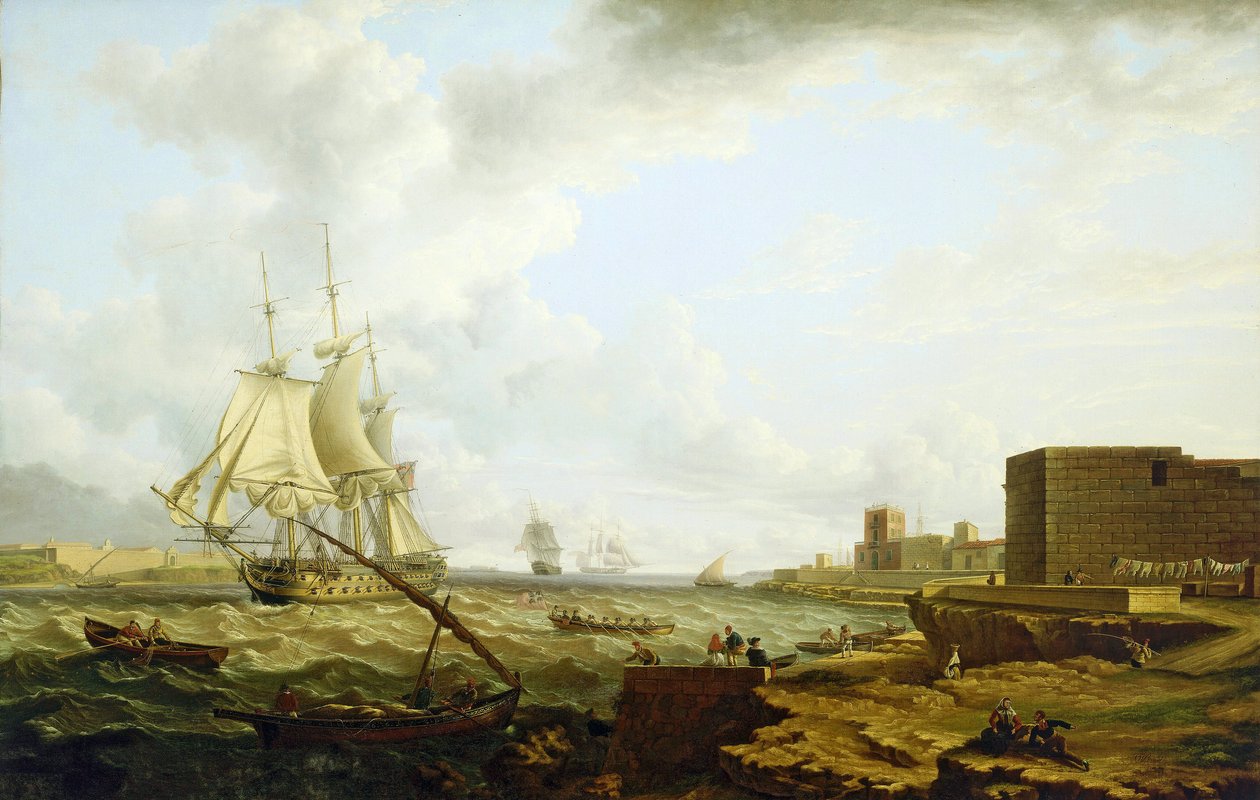 A third-class British Royal Navy warship entering Port Mahon, with a ...
