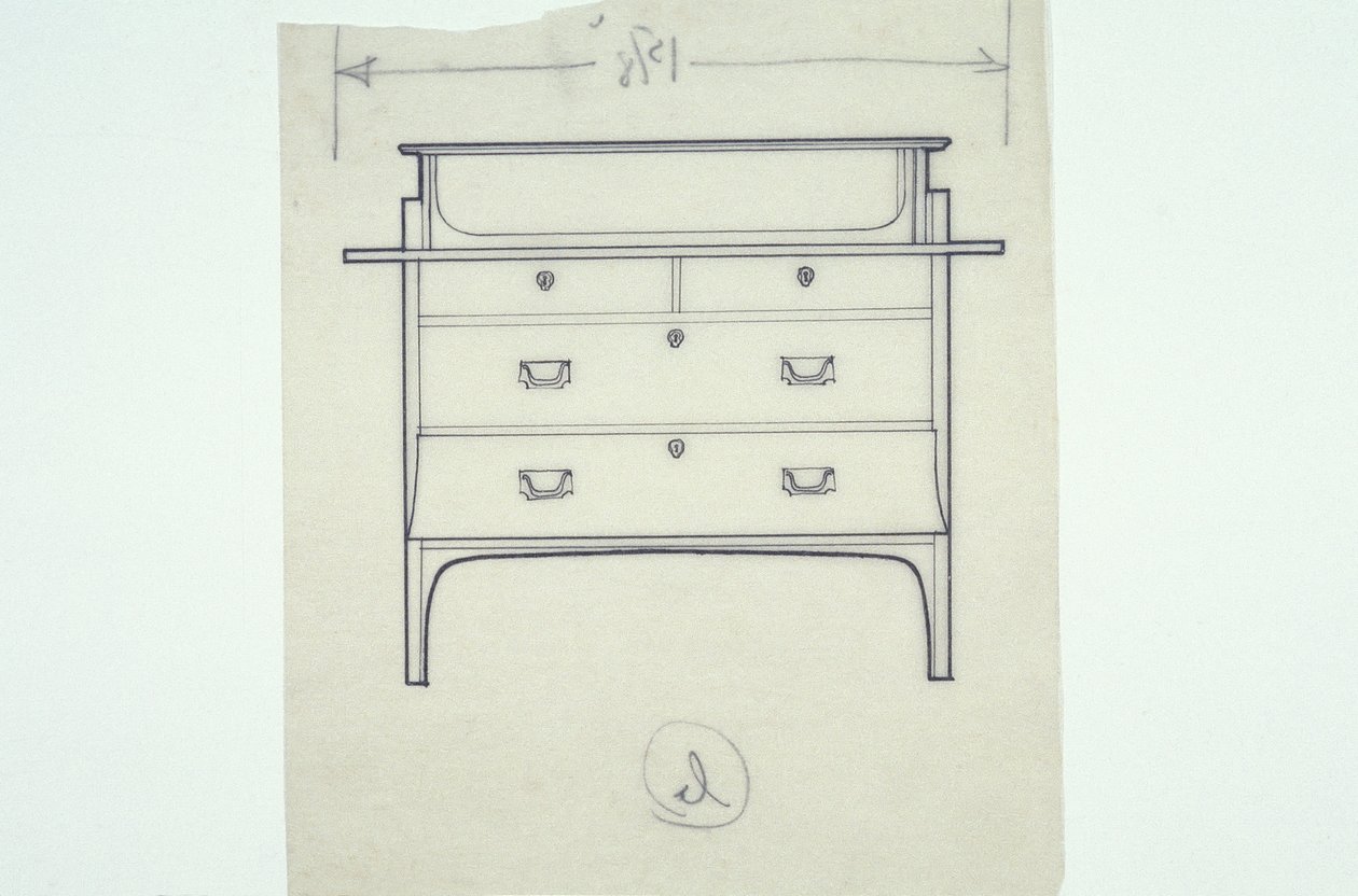 Line drawing of furniture (a settle with painted panels), c.1910