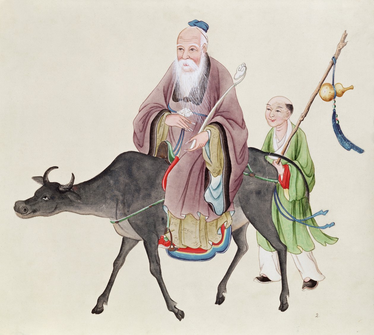 Lao-Tzu on his buffalo, followed by a disciple