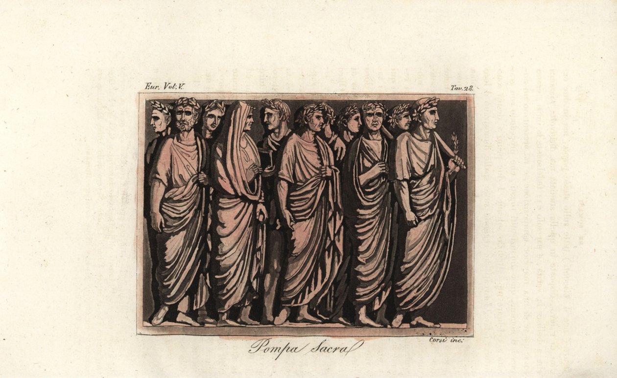 Roman noblemen in laurel wreaths and toga at a sacrificial rite