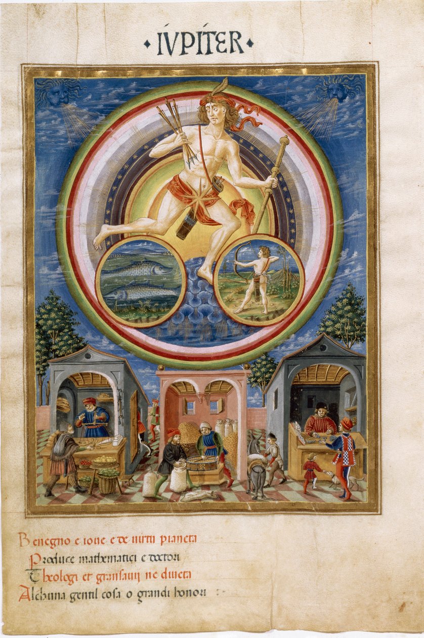 Jupiter with zodiac signs of fish and Sagittarius. Merchants selling ...