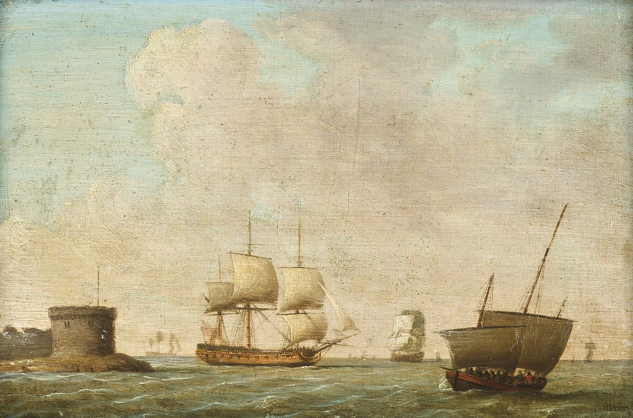 Frigate passing a crowded lugger