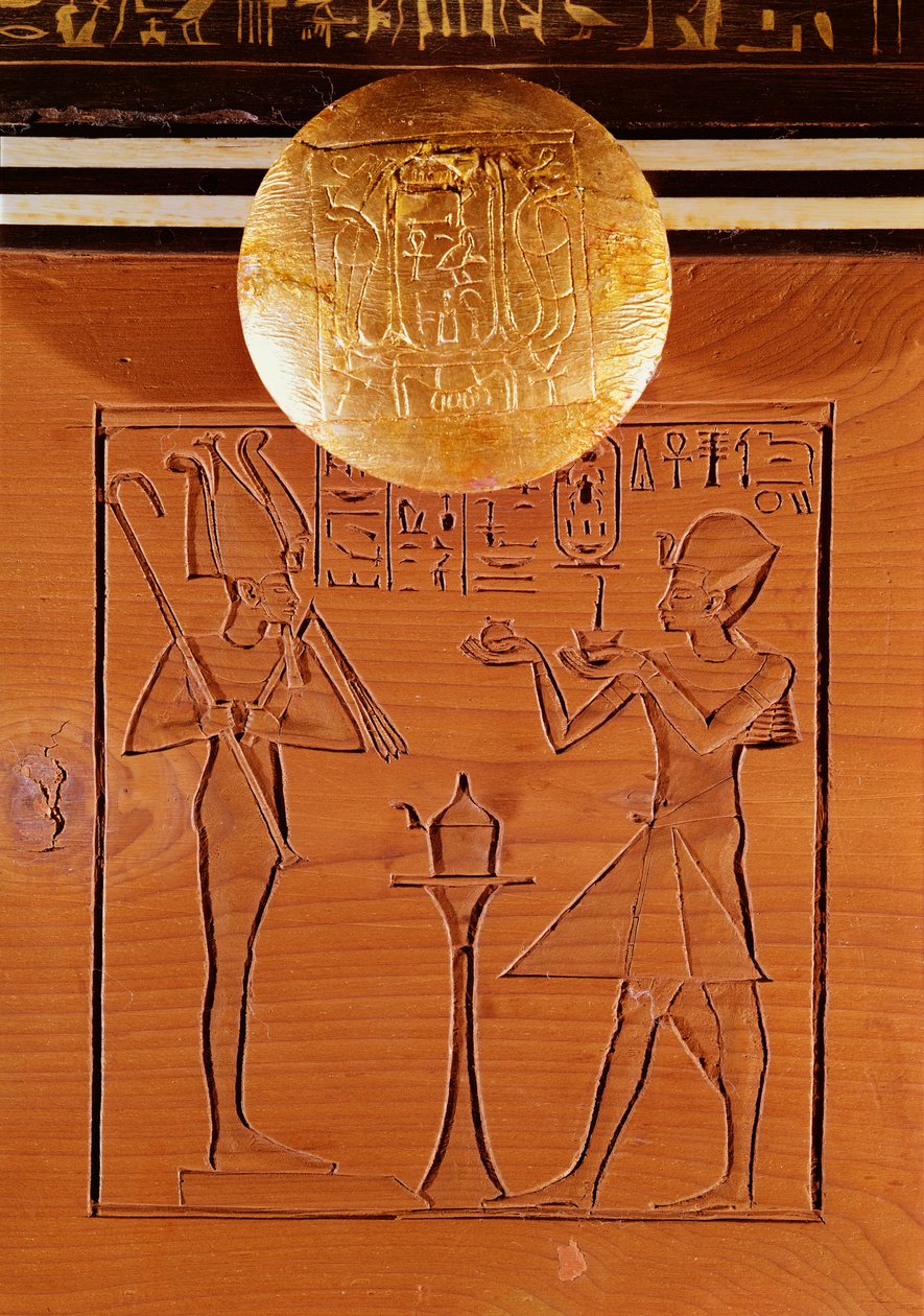 Portable chest, detail of Tutankhamun making an offering to Osiris ...