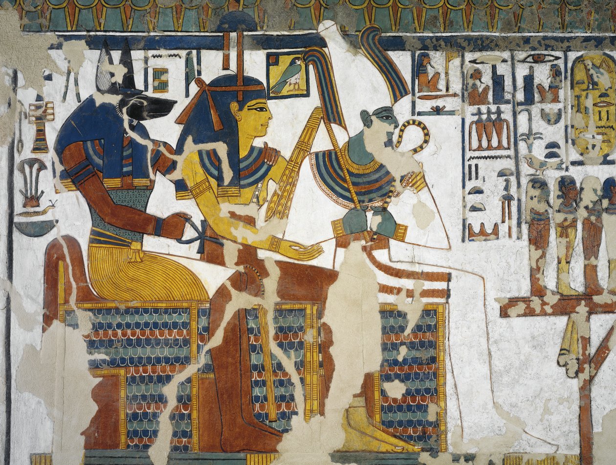 Mural Painting of Anubis, Isis and Osiris in Burial Chamber from 19th Dynasty
