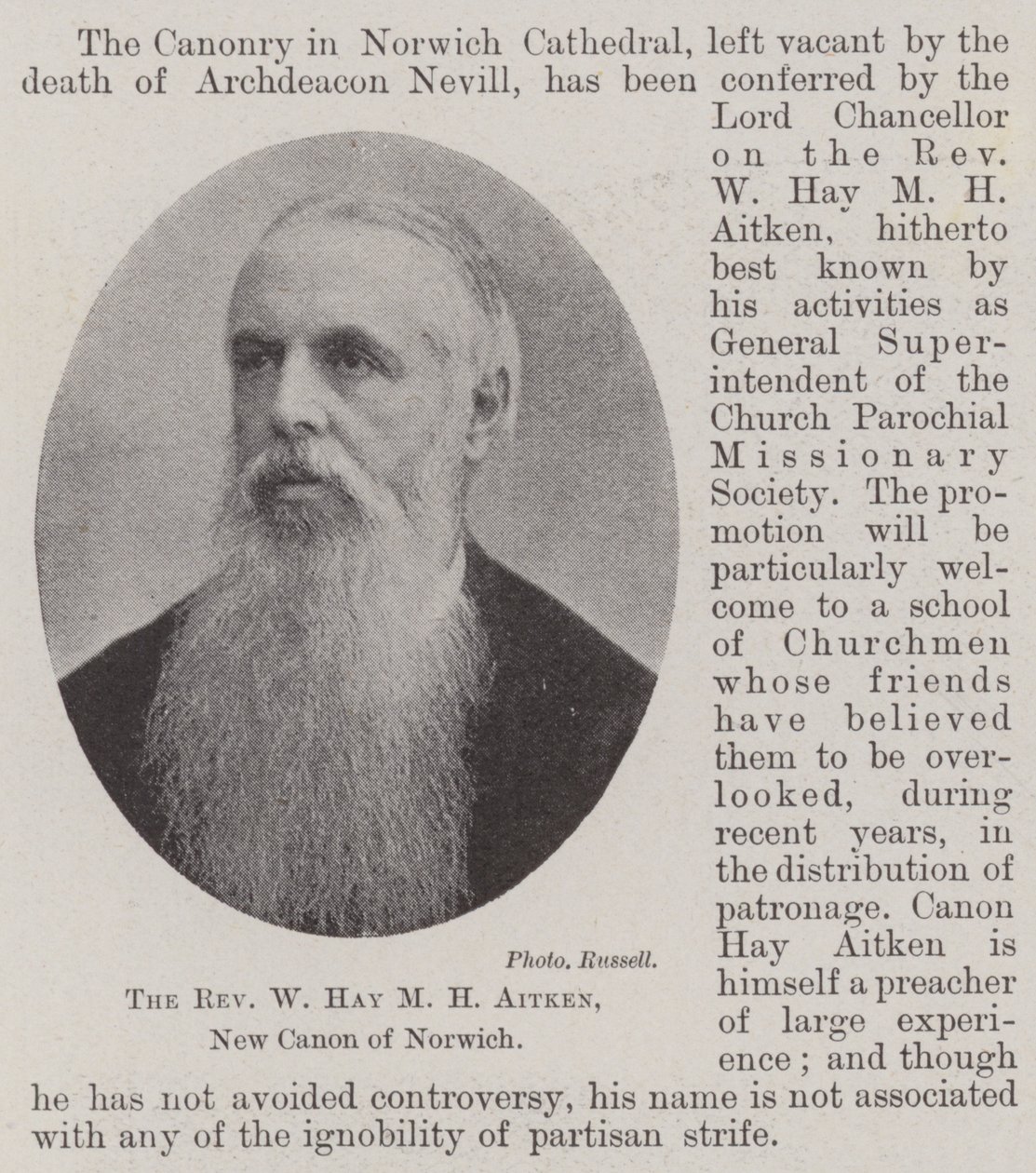 The Reverend W Hay M H Aitken, New Canon of Norwich
