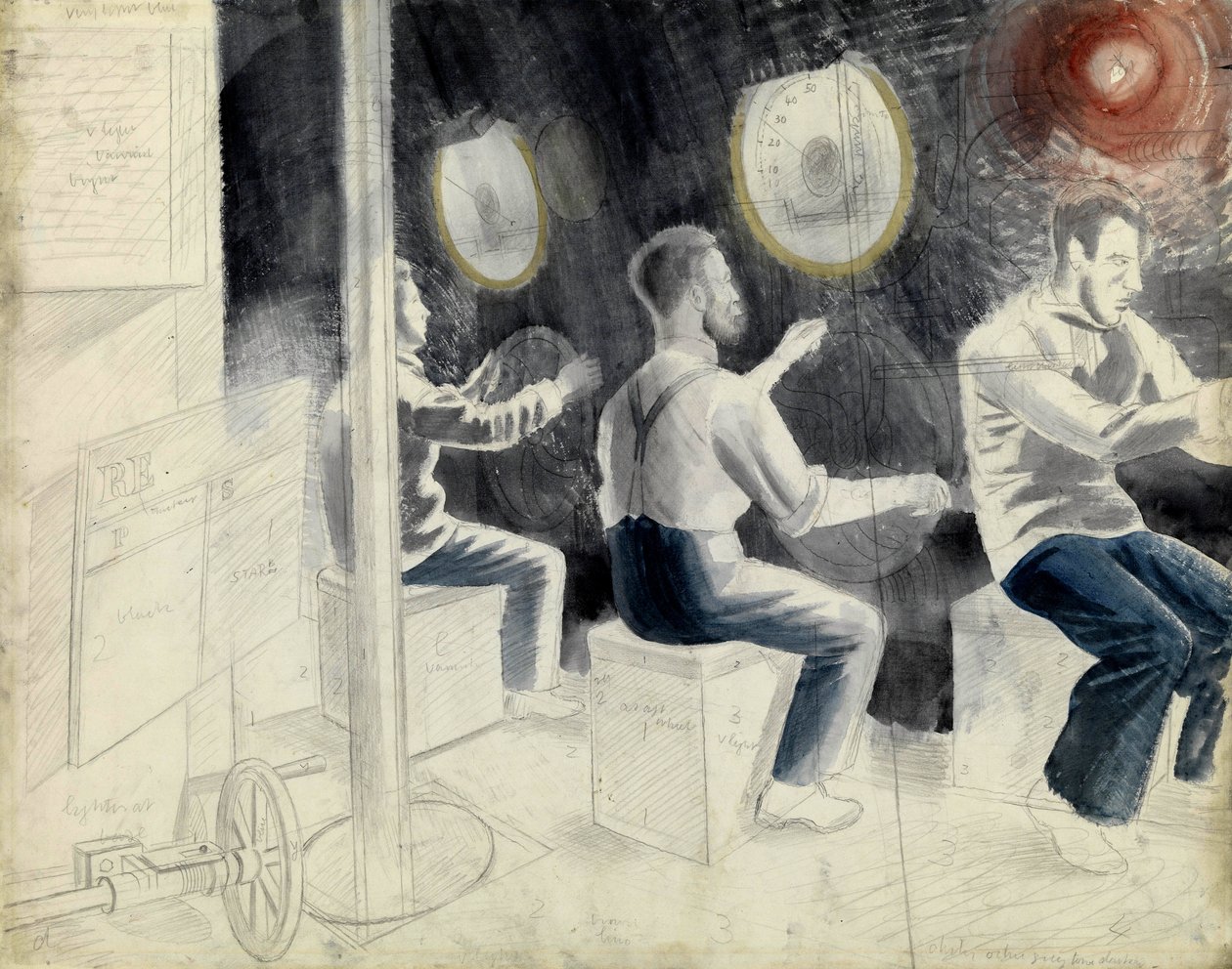 The dive control room, during the submersion of the submarine. Pencil ...