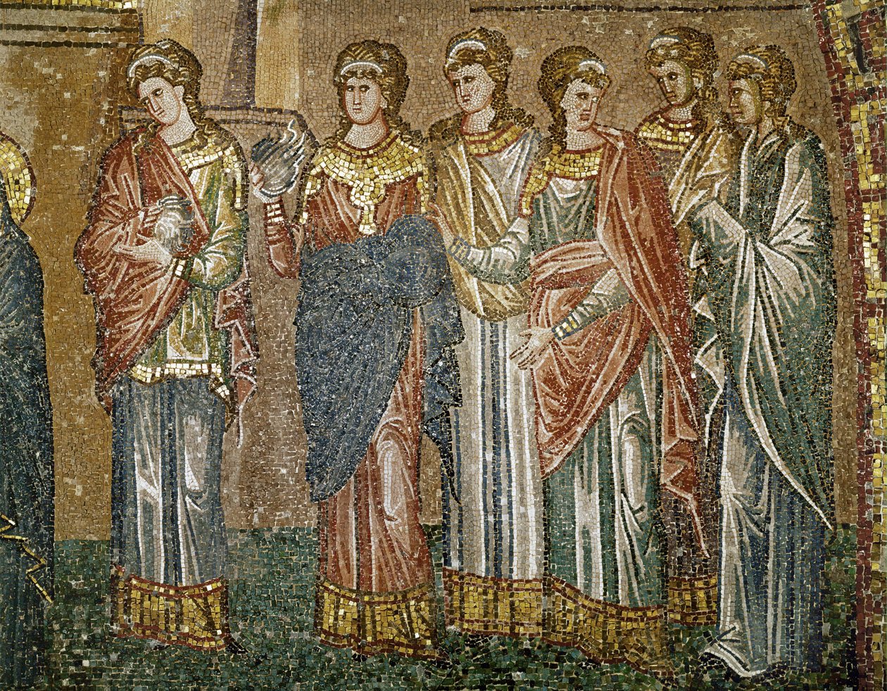 Young maidens waiting to receive wool to weave the curtain for the temple