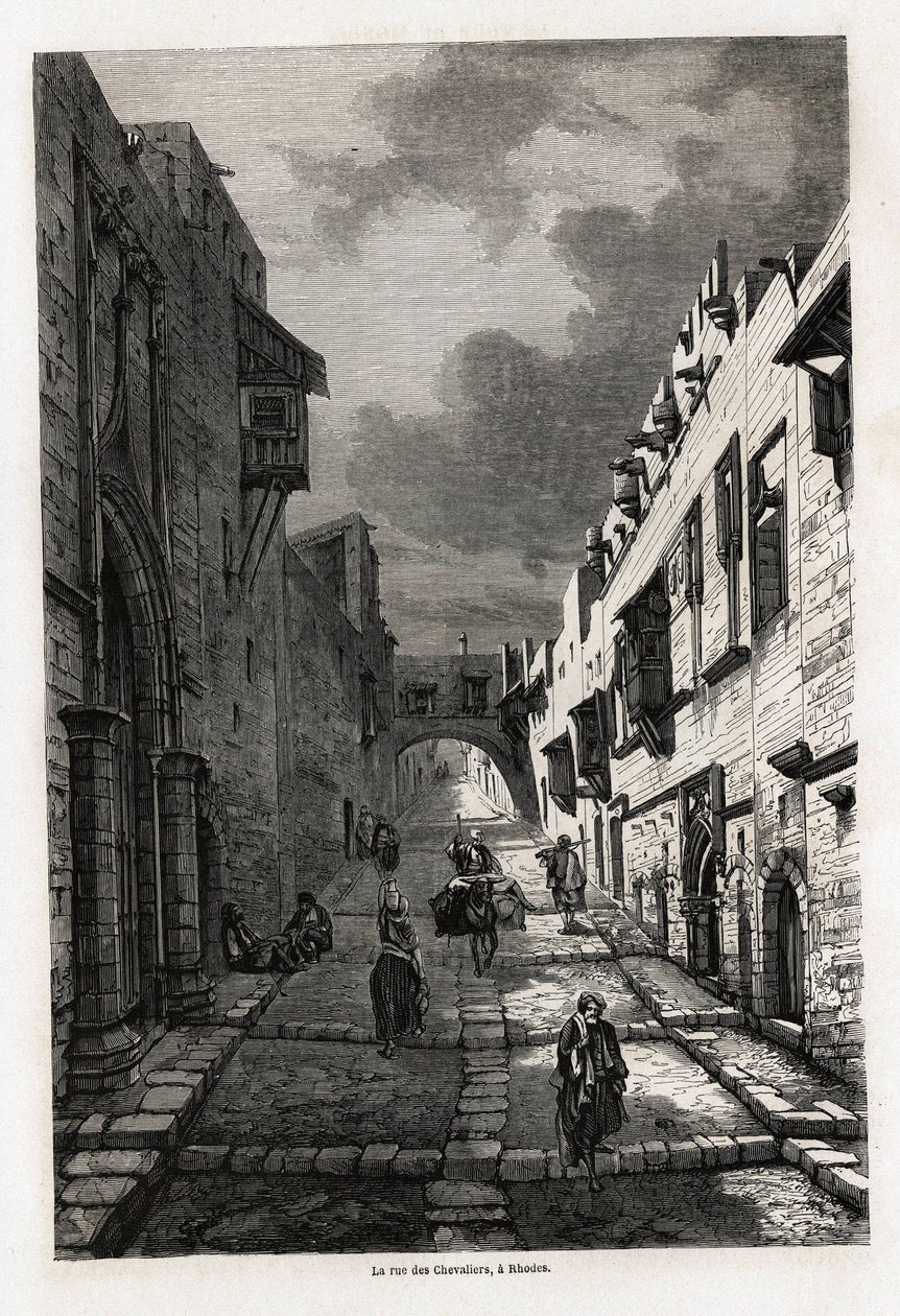 The rue des chevaliers, in Rhodes, drawing by Eugene Flandin, to ...