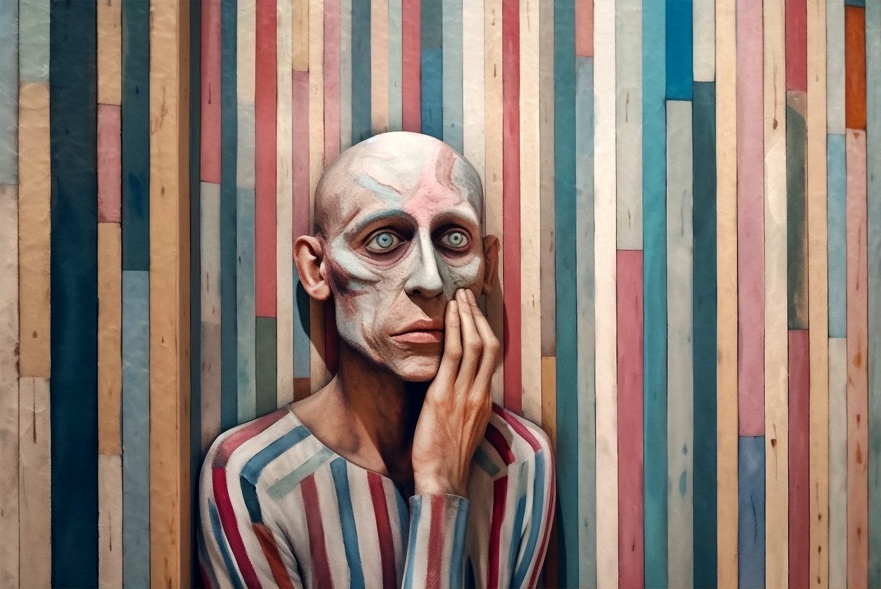 Surrealist painting of a sad man inspired by Giorgio de Chirico