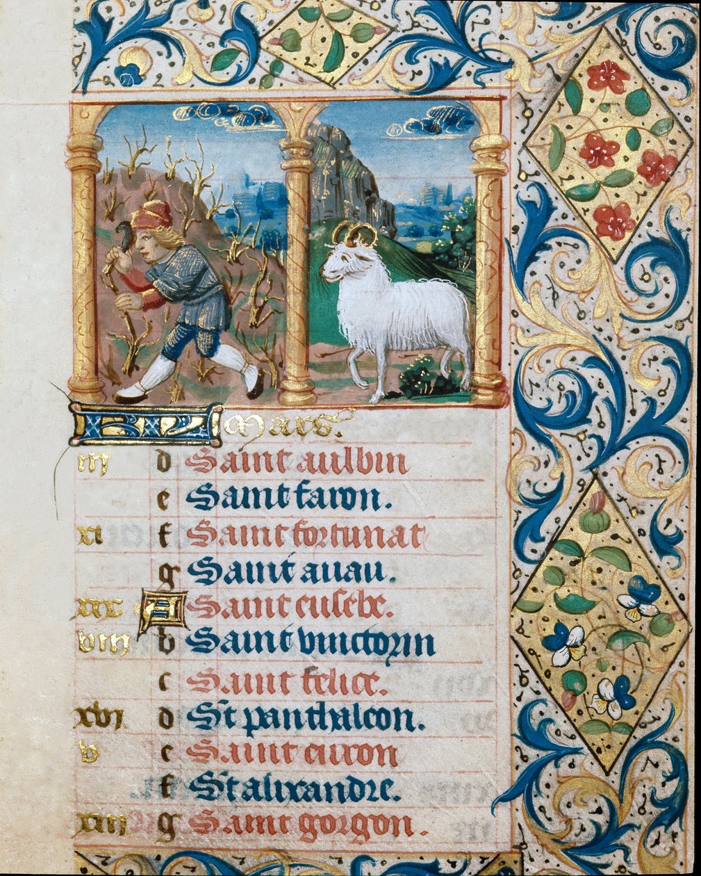 Calendar, the month of March, a sowing peasant and the ram