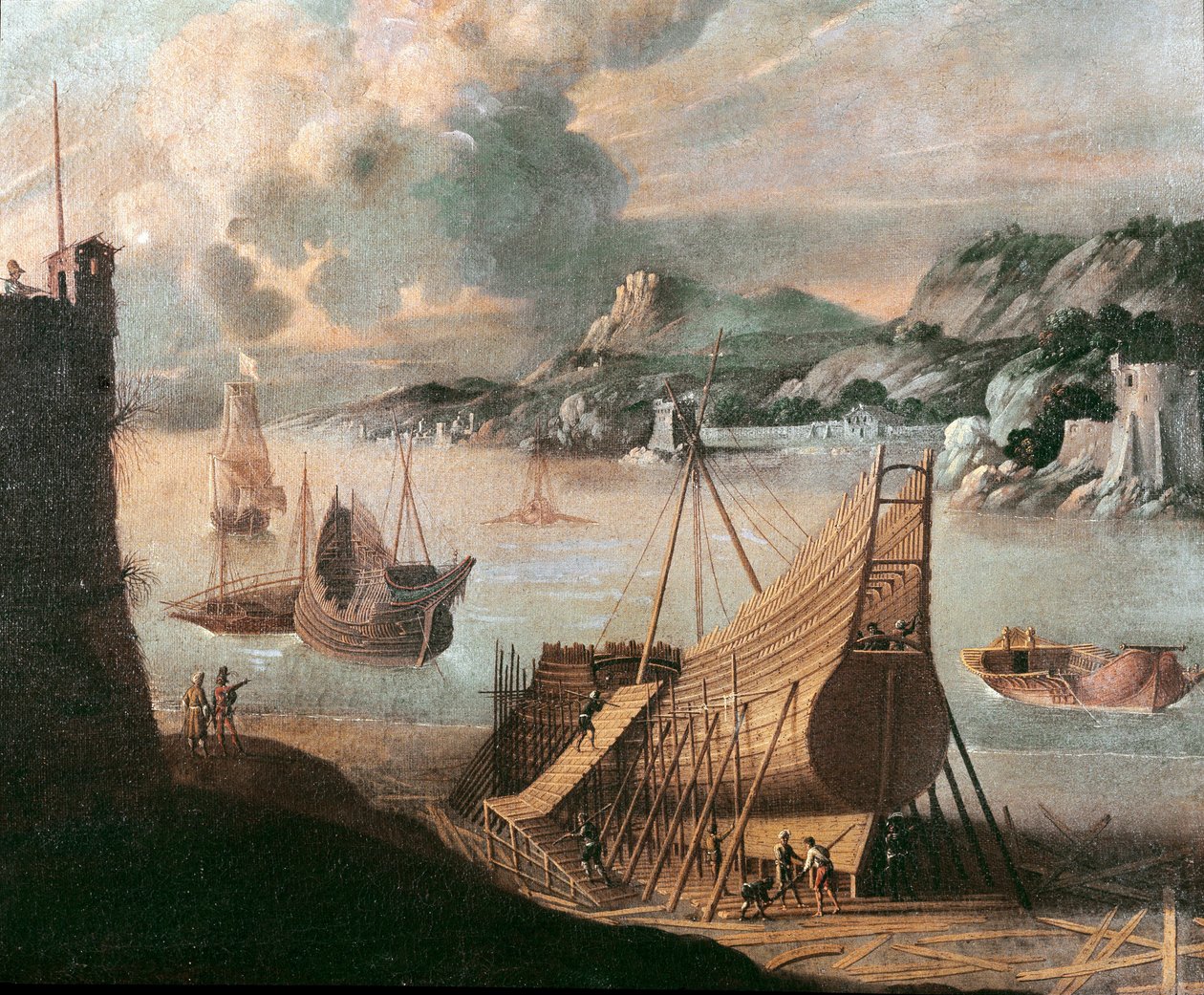 Construction of a galleon in a Genoese shipyard