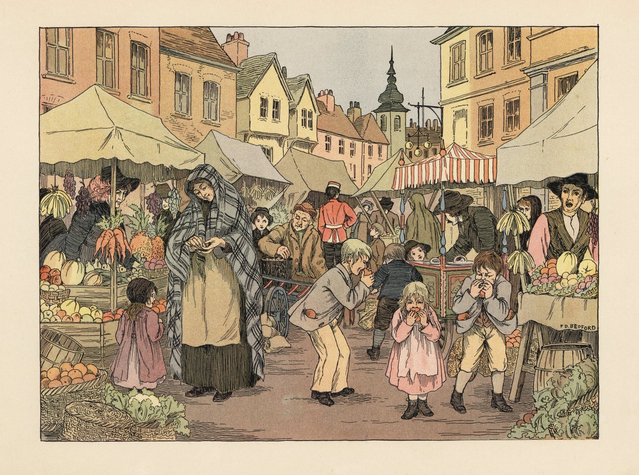Victorian children eating penny oranges from fruit and vegetable stalls ...