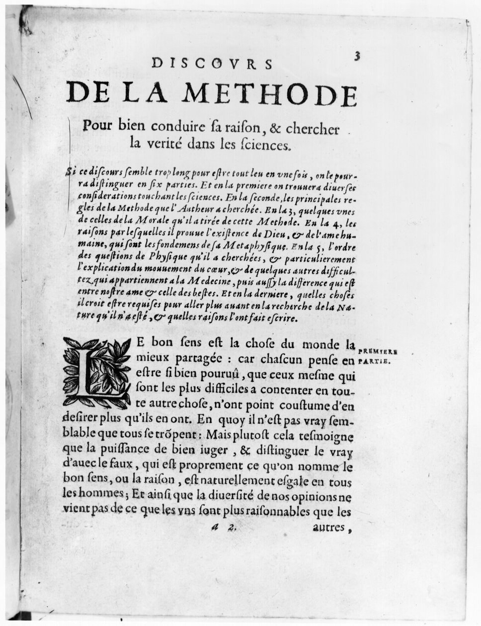 First Page of 'Discours de la Methode' by Rene Descartes
