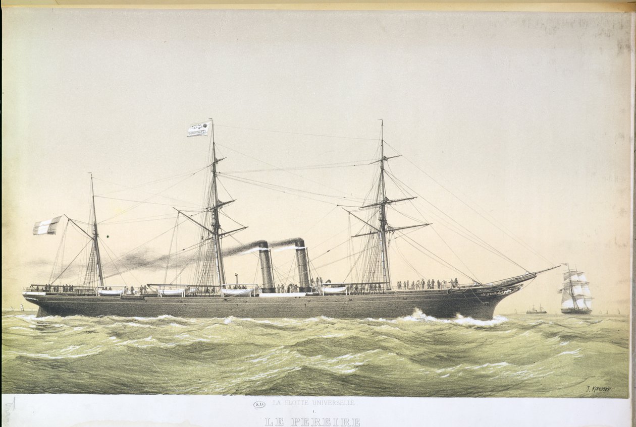 The transatlantic paddle liner Le Pereire crossing from Le Havre to New ...