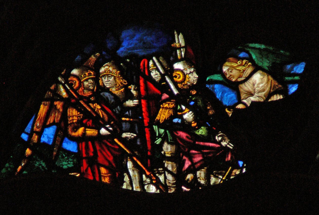The west rose window depicting a scene from the Book of Revelation ...